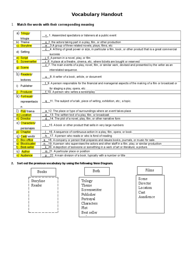 Vocabulary Handout: Match The Words With Their Corresponding Meaning ...
