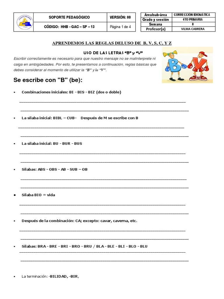 Uso de B, V, S, C, y Z, 4to de Primaria | PDF | Morfología Lingüística ...