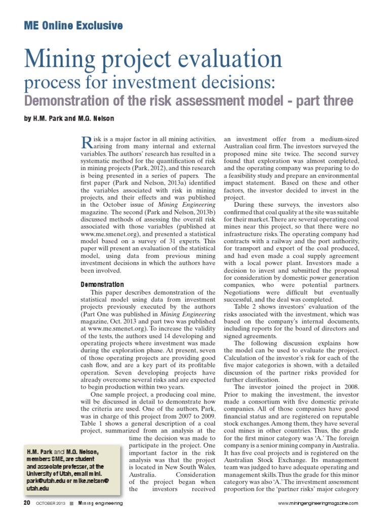 Mining Project Evaluation: Process For Investment Decisions | PDF | Risk | Feasibility Study