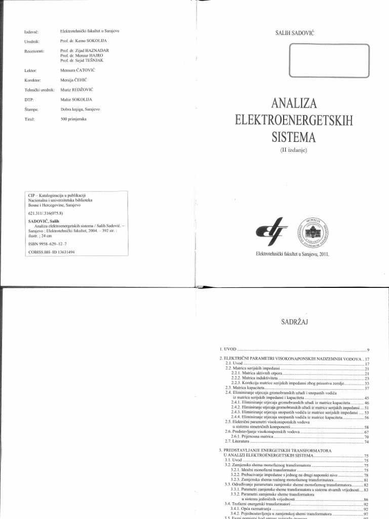Analiza Elektroenergetskih Sistema - S.sadovic | PDF