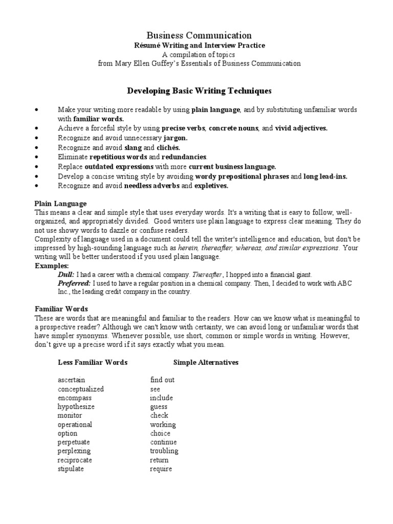 Business Communication: Developing Basic Writing Techniques | PDF | Résumé