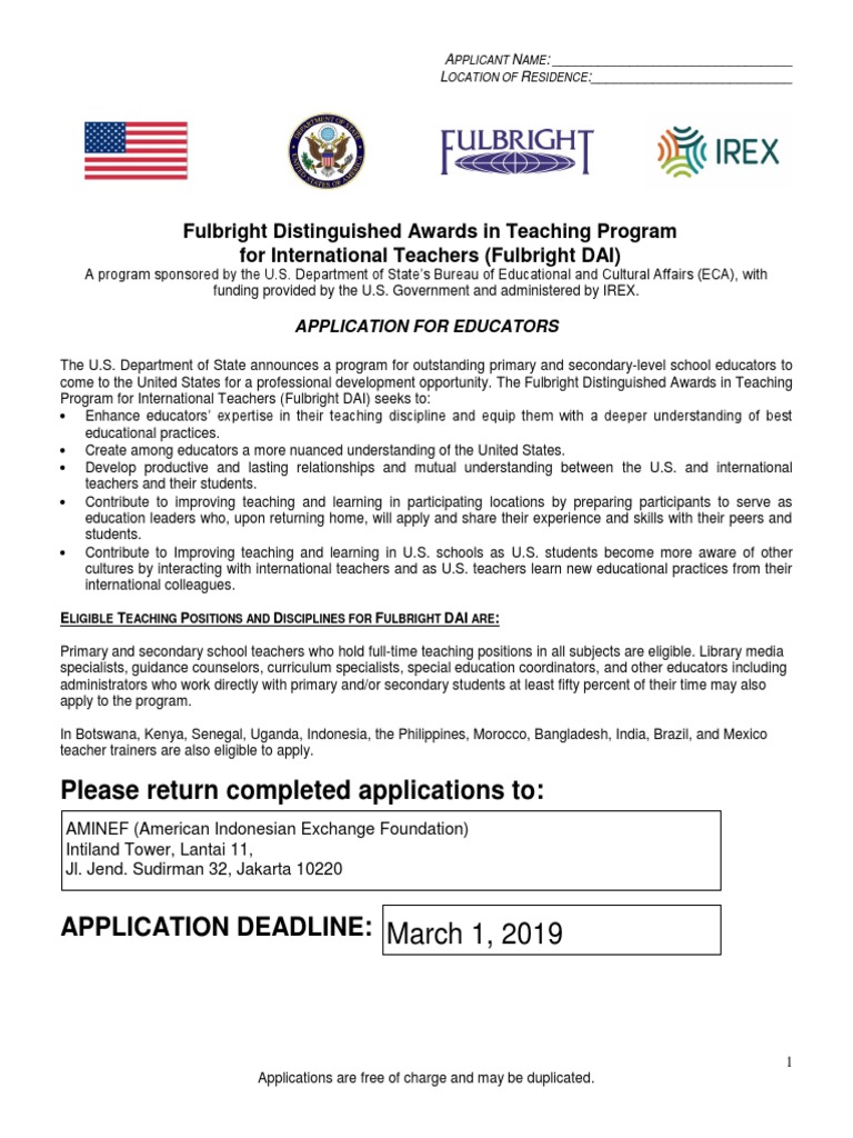FY19 Fulbright DAI Program Application Writable Final | PDF | Teachers ...