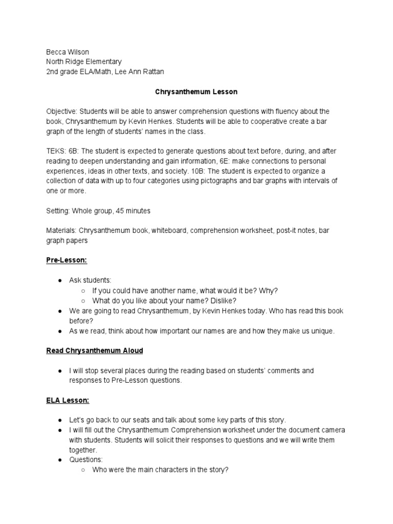 Chrysanthemum Character Worksheet