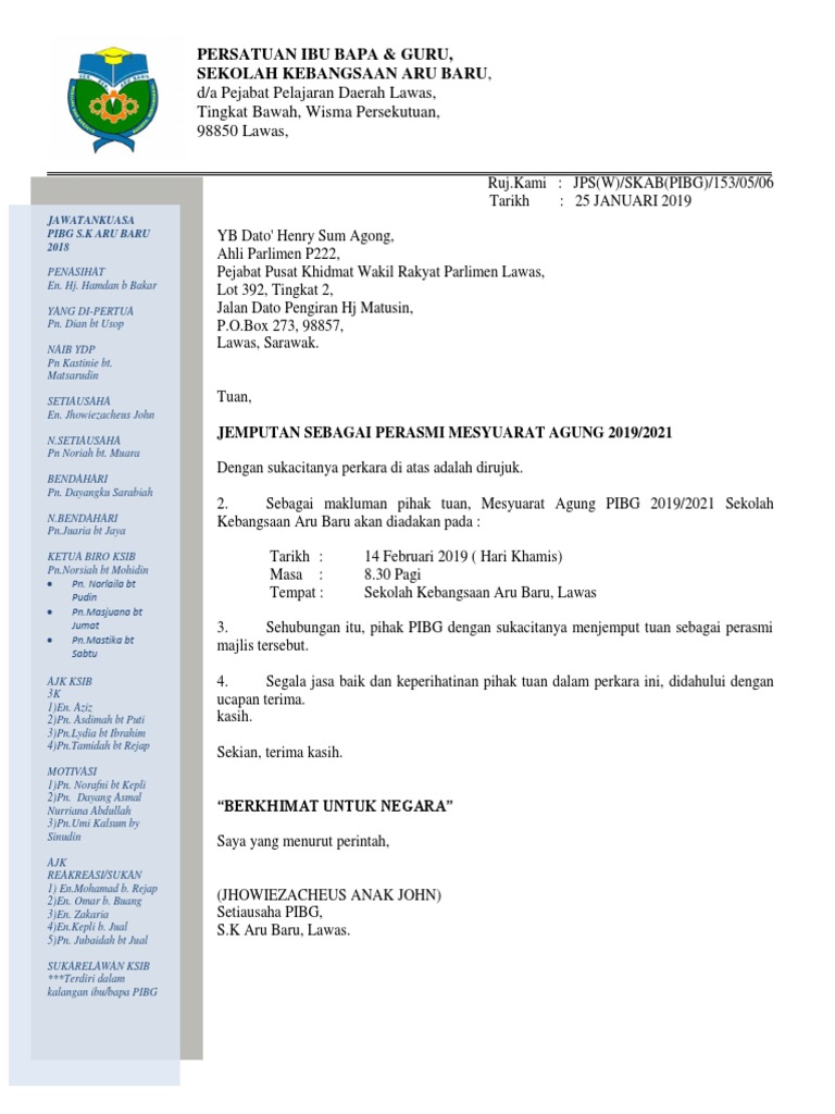Surat Jemputan Yb Ke Mesyuarat Agung Pibg | PDF