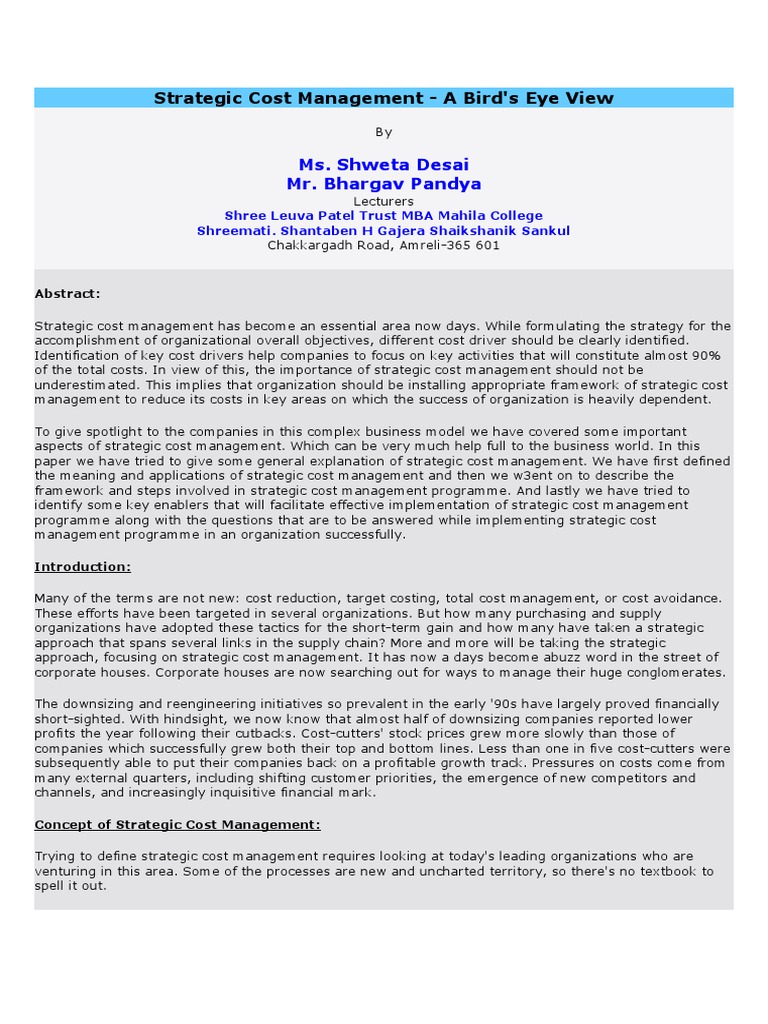 Strategic Cost Management: A Framework for Identifying Key Cost Drivers ...