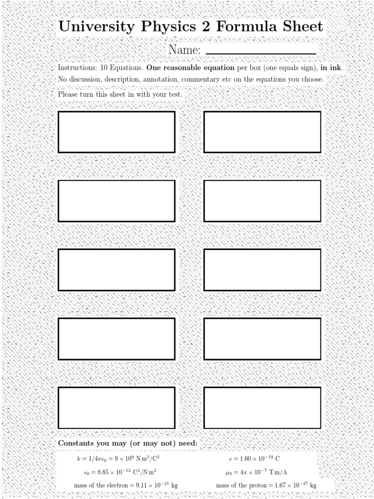 University Physics 2 Formula Sheet: Name | PDF