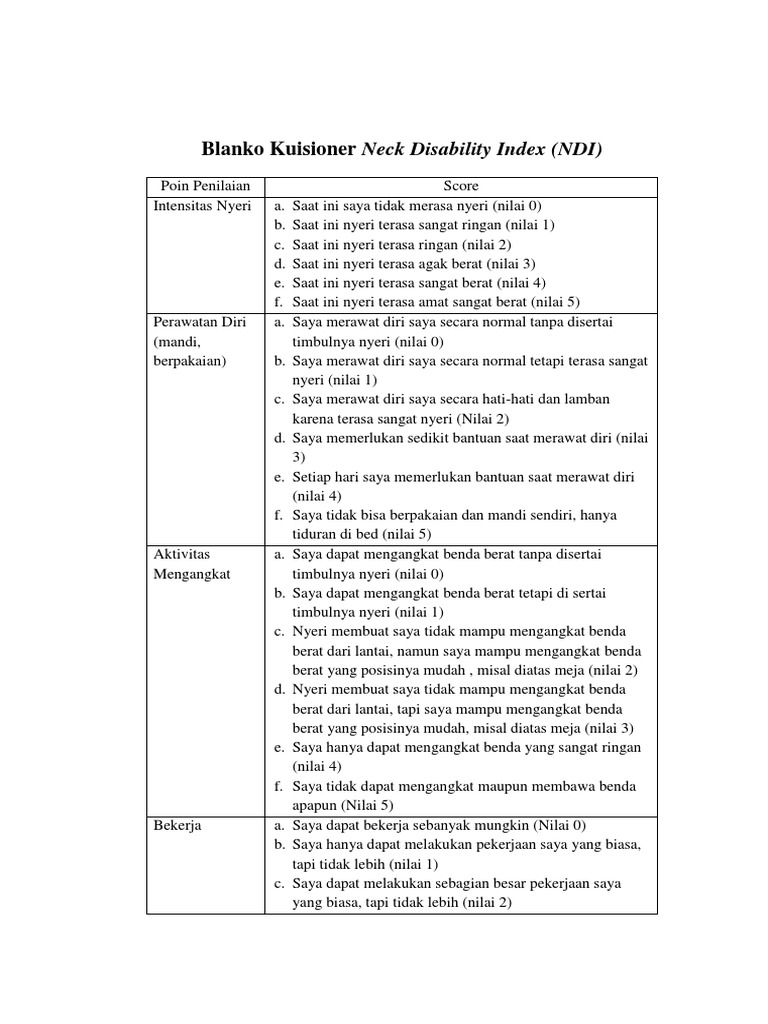 Blanko Kuisioner Neck Disability Index | PDF