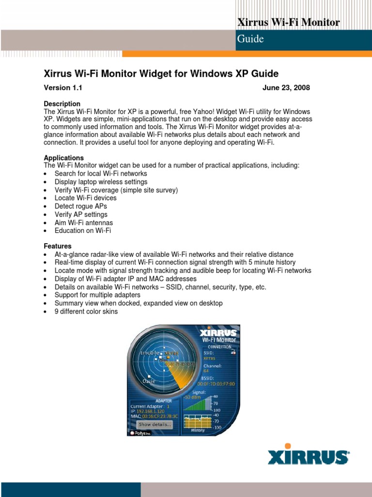 Xirrus Wi-Fi Monitor Widget For Windows XP Guide | PDF