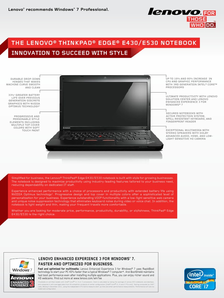 Lenovo ThinkPad Edge E430 E530 Notebook PC Data Sheet PDF | PDF | Laptop | Lenovo