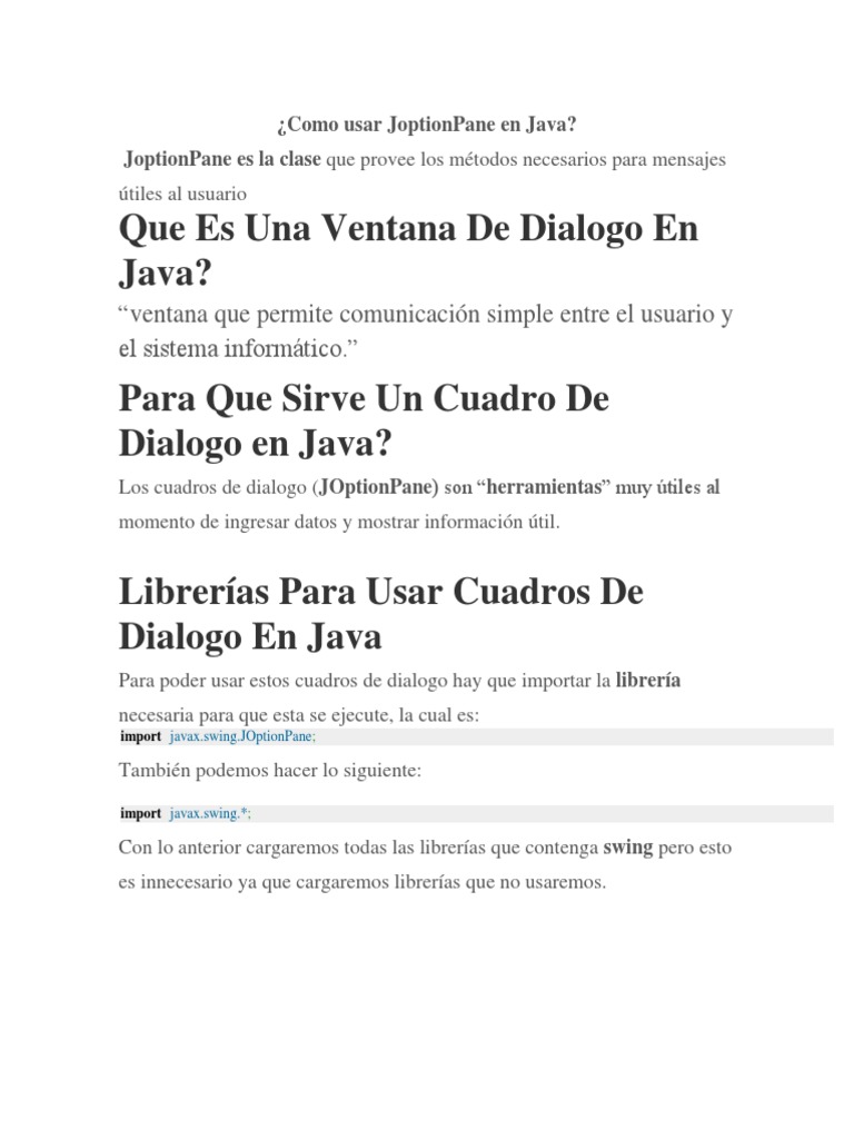 Guía de JOptionPane en Java | PDF | Java (lenguaje de programación) | Ingeniería Informática