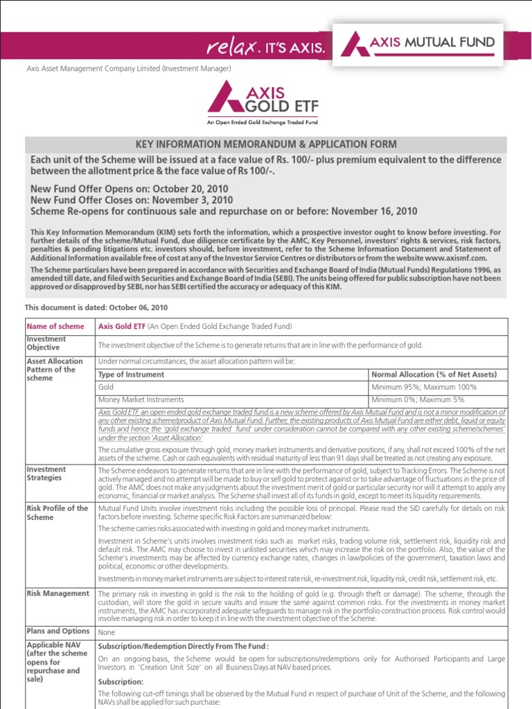 Axis Gold ETF KIM Application Form | PDF | Mutual Funds | Cheque