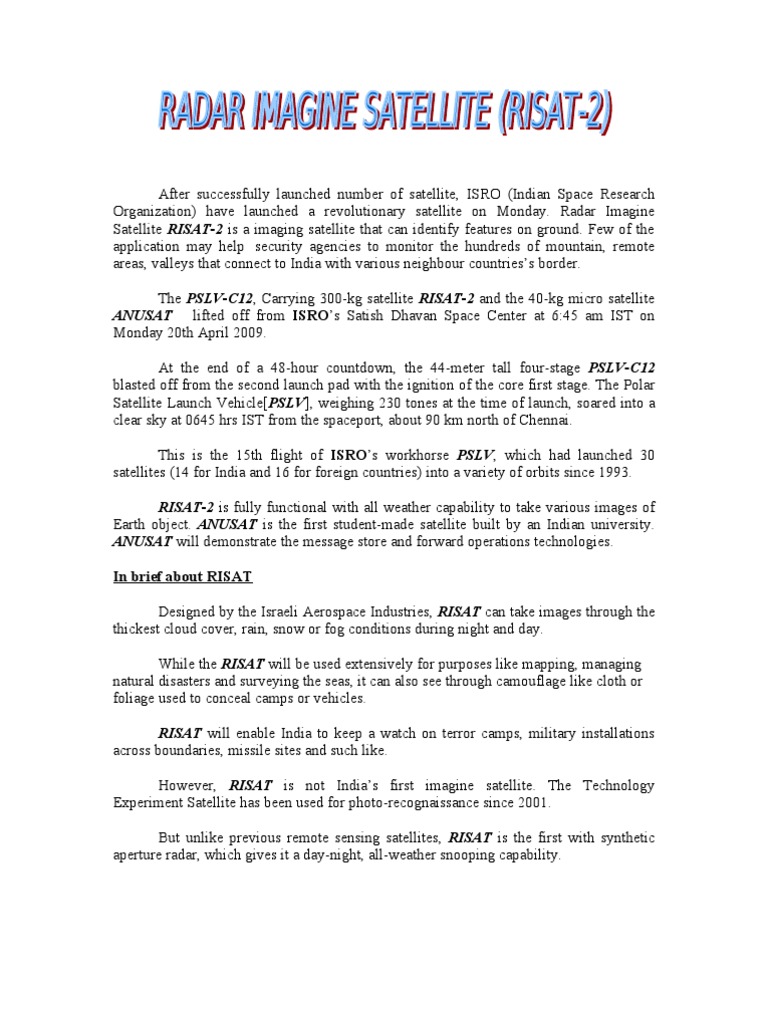 Risat 2 | PDF | Satellite | Spaceflight