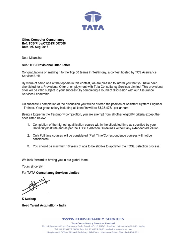 Offer: Computer Consultancy Ref: TCS/Prov/CT20131007888 Date: 25-Aug-2015