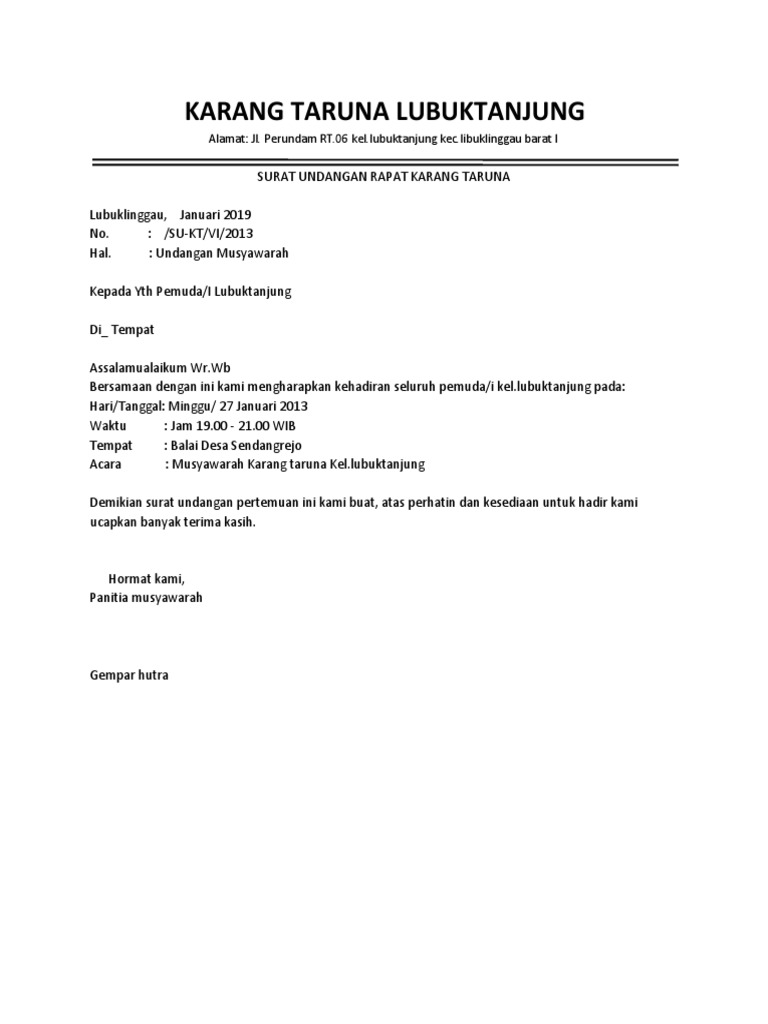 Contoh Surat Undangan Rapat Karang Taruna PDF | PDF