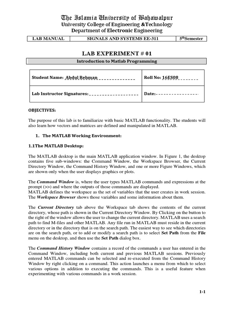 LAB-01 EE-311 Signal and Systems PDF | PDF | Matrix (Mathematics) | Matlab
