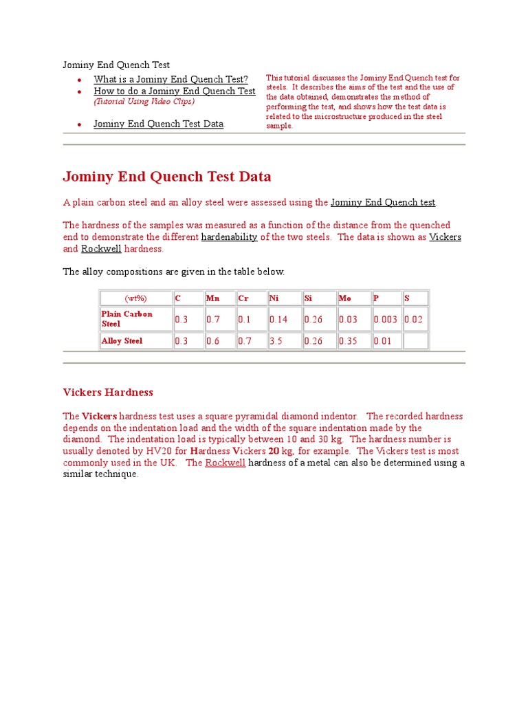 Jominy End Quench Test | PDF | Hardness | Steel
