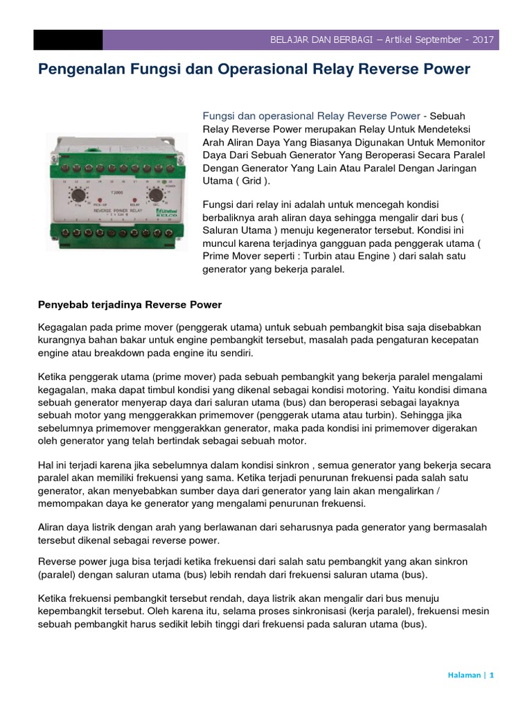 1-2 Fungsi Dan Operasional Relay Reverse Power | PDF