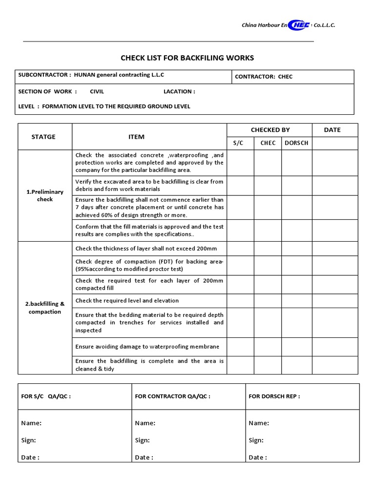 Backfilling Works Inspection Checklist | PDF | Civil Engineering ...