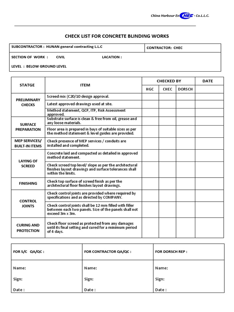 Check List For Concrete Blinding Works: Statge Item Checked by Date | PDF