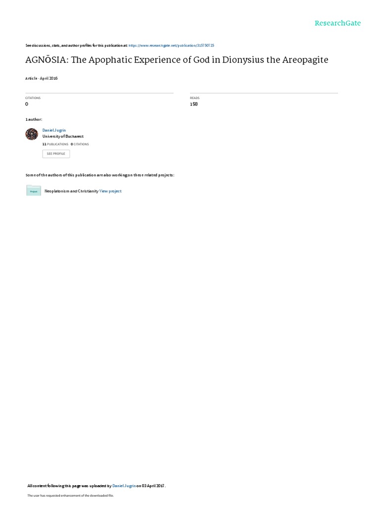 Agnosia - The Apophatic Experience of God in Dionysius The Areopagite ...