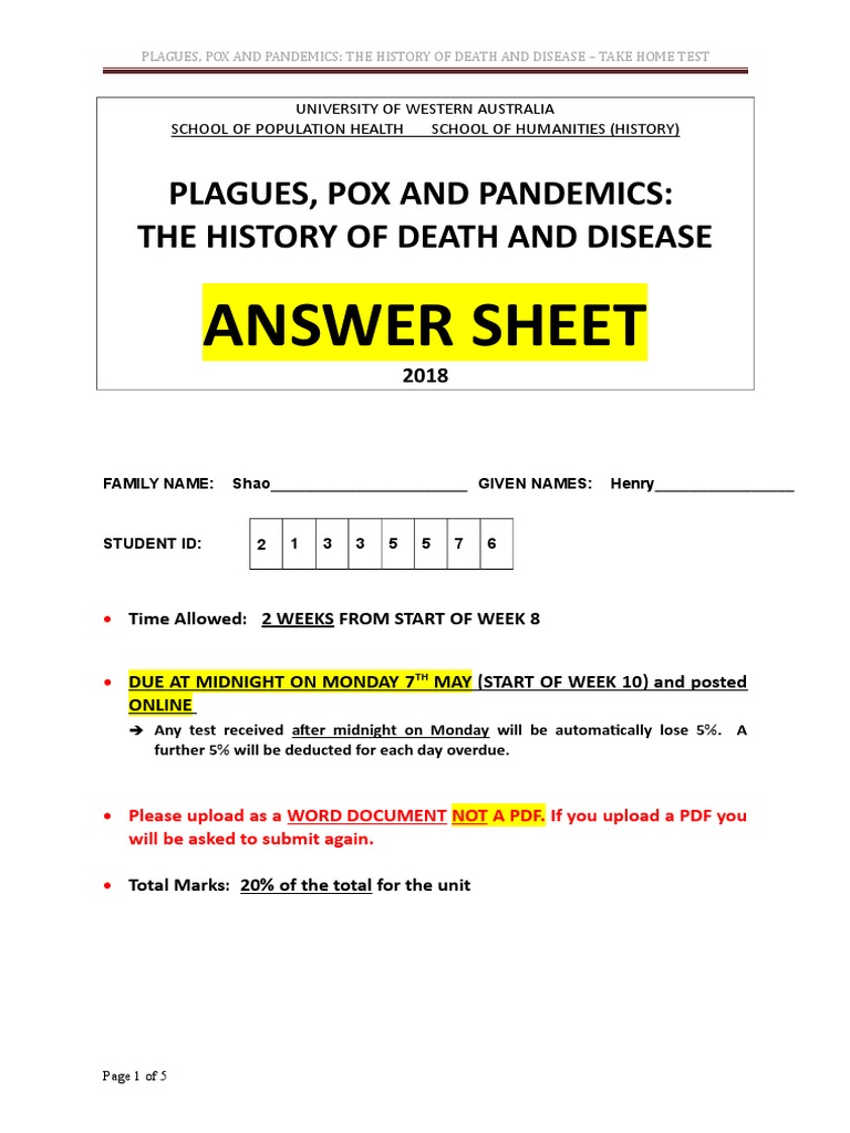 2018 Test Answer Sheet | PDF | Plague (Disease) | Black Death