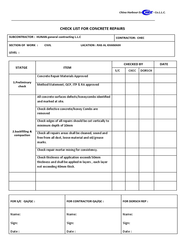 Concrete Repair Checklist for Hunan General Contracting LLC's Work on ...