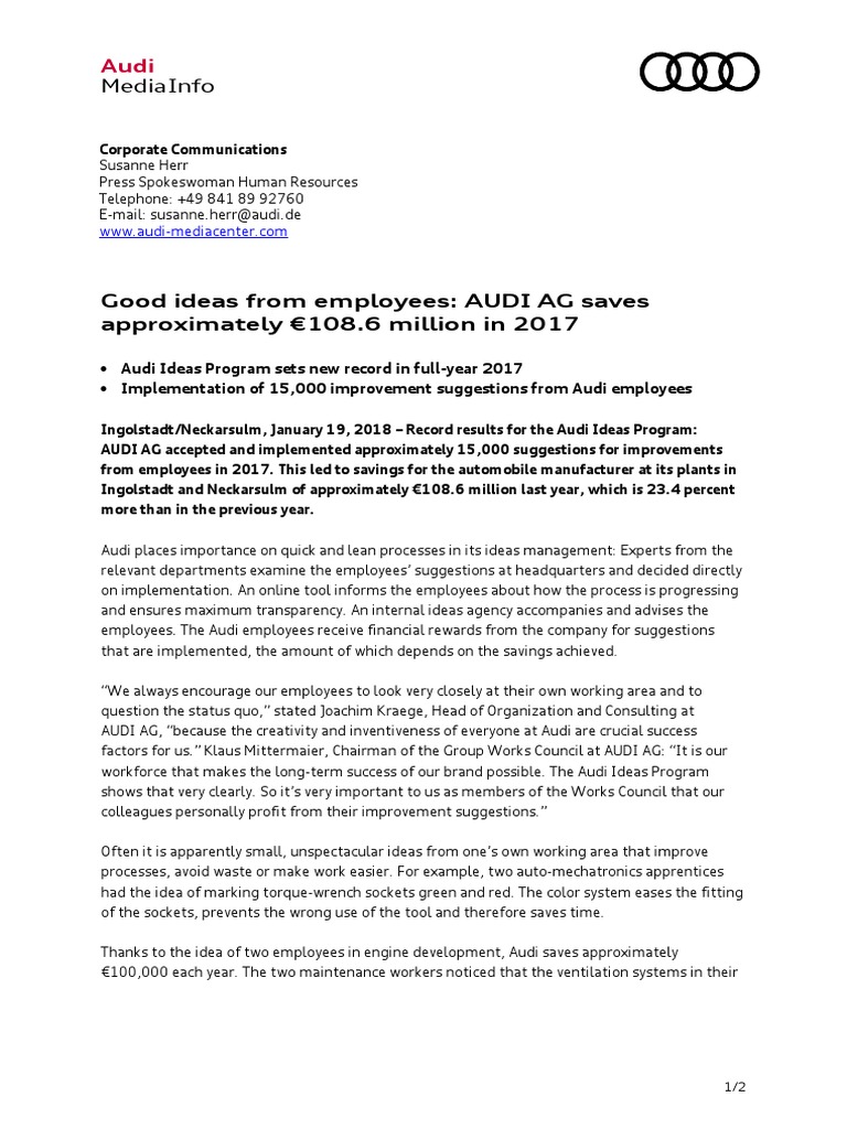 Audi Ideas Program Saves €108.6 Million | PDF | Audi | Business