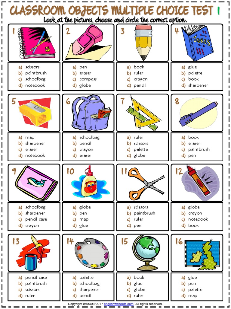 Classroom Objects Vocabulary Esl Multiple Choice Tests For Kids | PDF ...