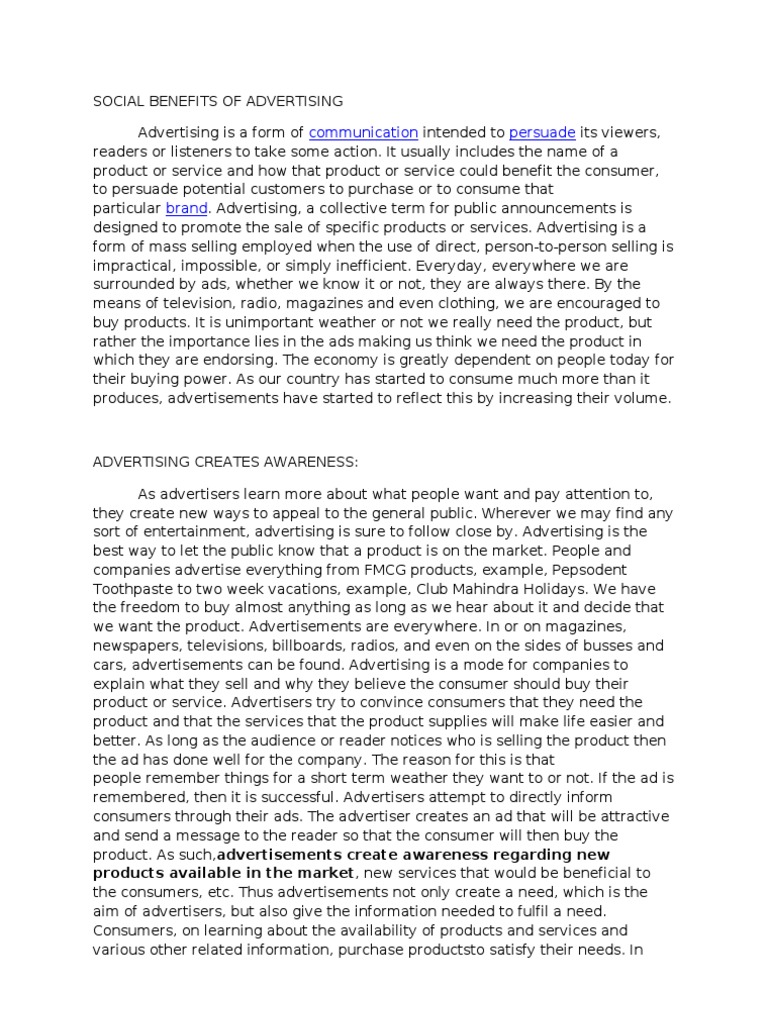 Social Benefits of Advertising | PDF | Advertising | Mass Media