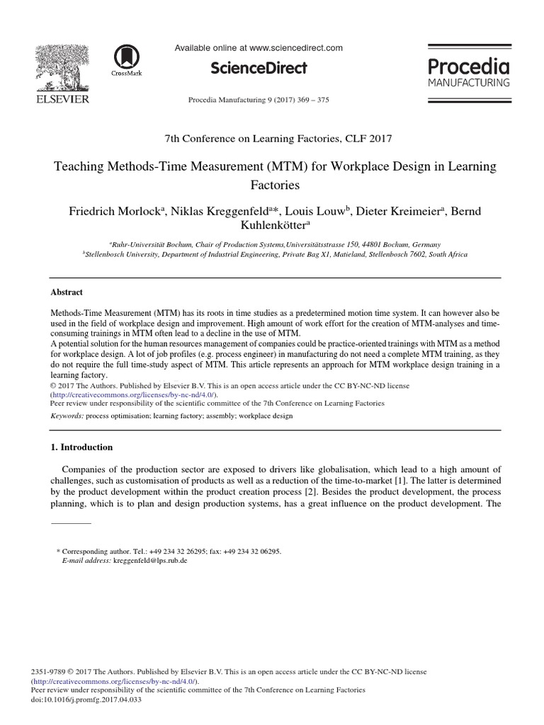 Sciencedirect: Teaching Methods-Time Measurement (MTM) For Workplace ...