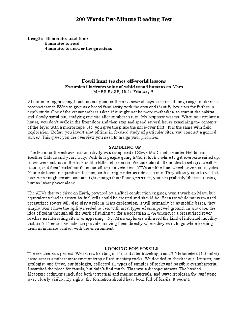 200 Words Per-Minute Reading Test: Fossil Hunt Teaches Off-World ...