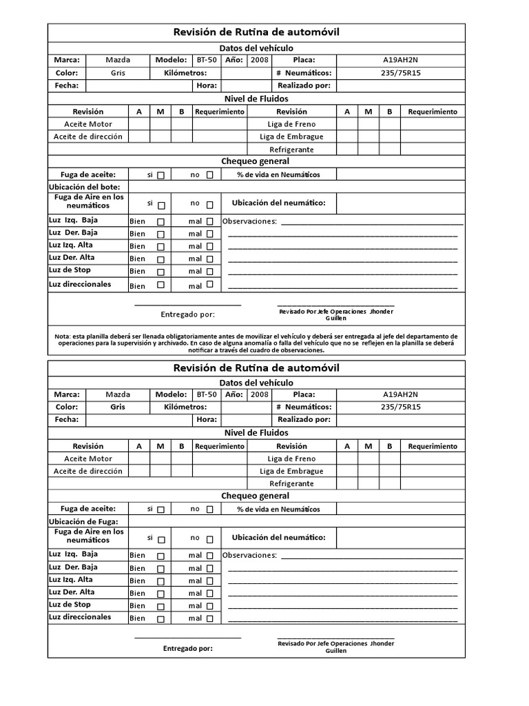 Planilla de Revision Vehicular | PDF | Fabricantes de vehículos de ...
