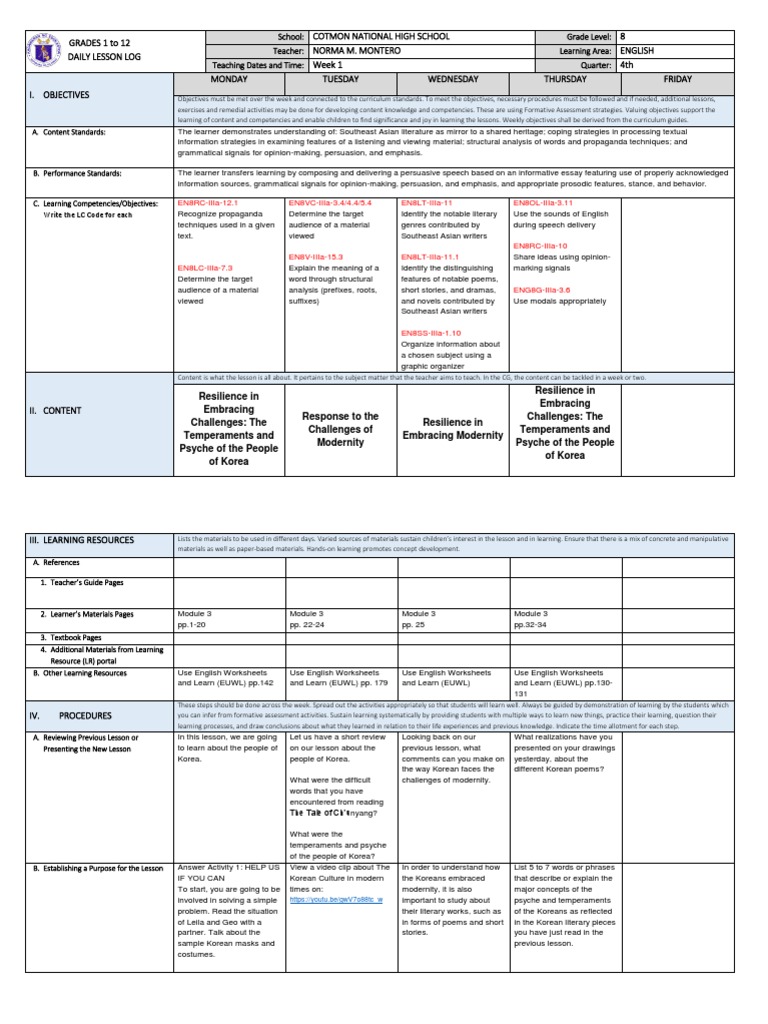 DLL ENG8 3RDQ Week1 | PDF | Learning | Teachers