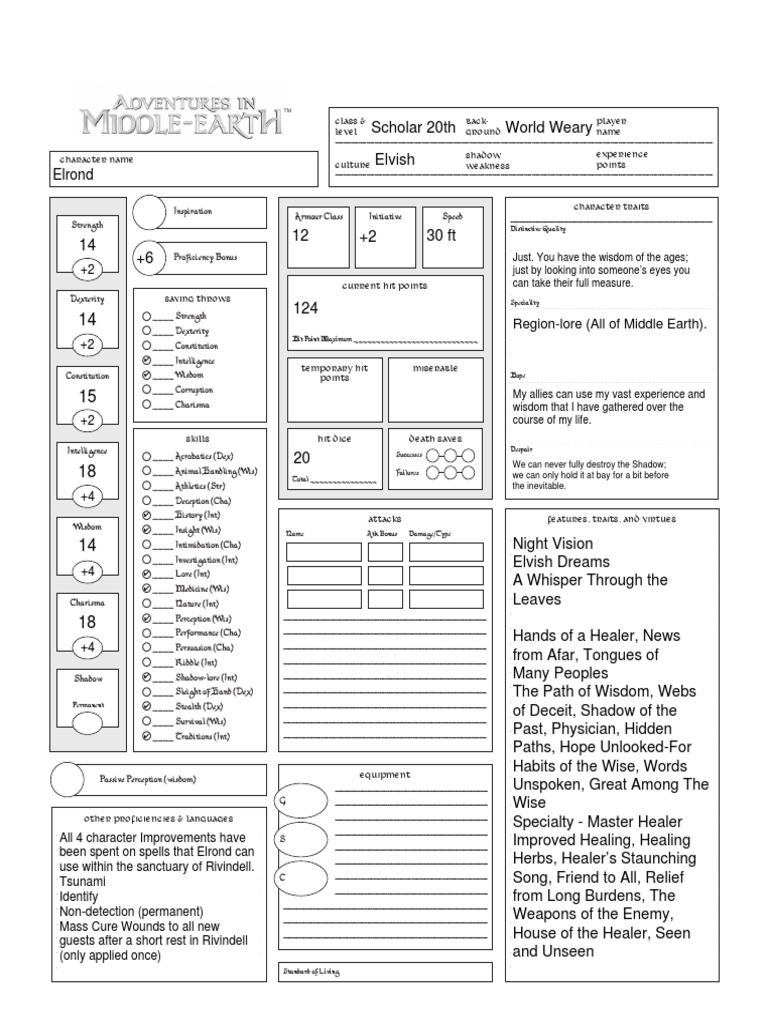 AME Character Sheet - Elrond | PDF | Leisure