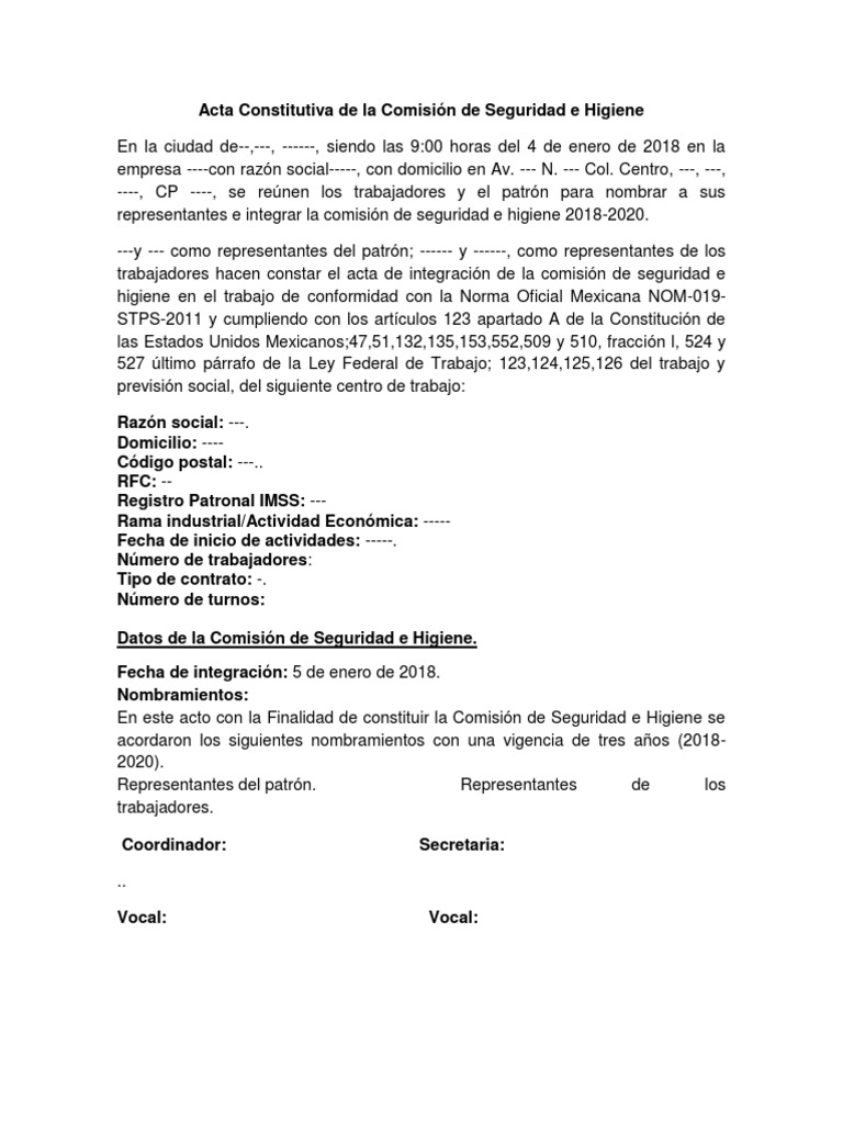 Acta Constitutiva de La Comisión de Seguridad e Higiene | Política ... Acta Constitutiva de La Comisión de Seguridad e Higiene | Política ...