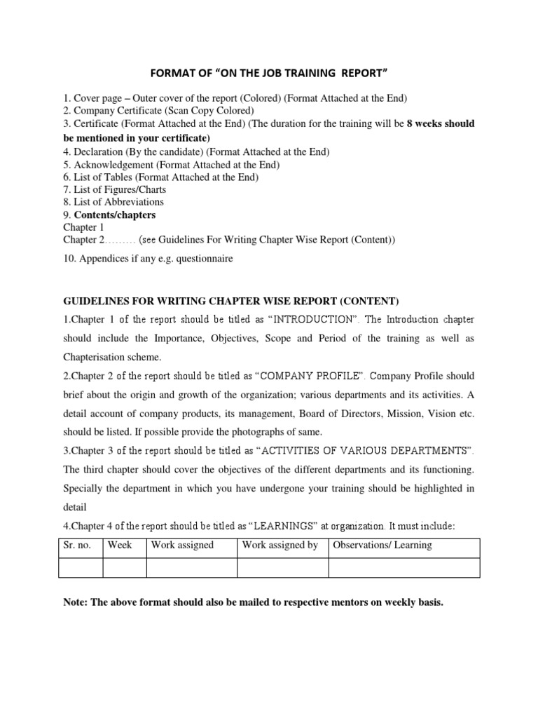 Format Of “On The Job Training Report”: be mentioned in your ...