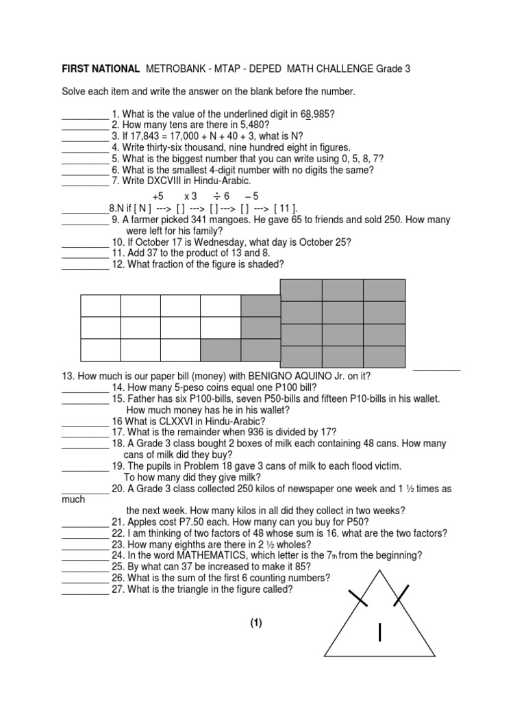 First National Metrobank - Mtap - Deped Math Challenge Grade 3 | PDF ...
