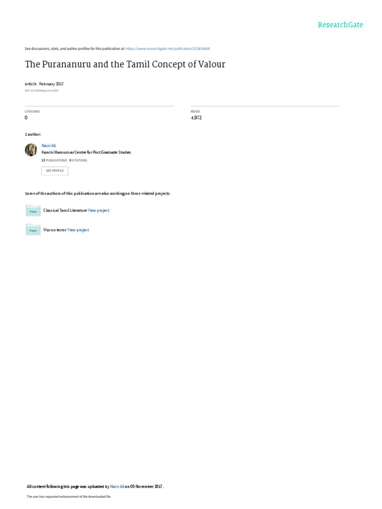 The Purananuru and The Tamil Concept of Valour | PDF