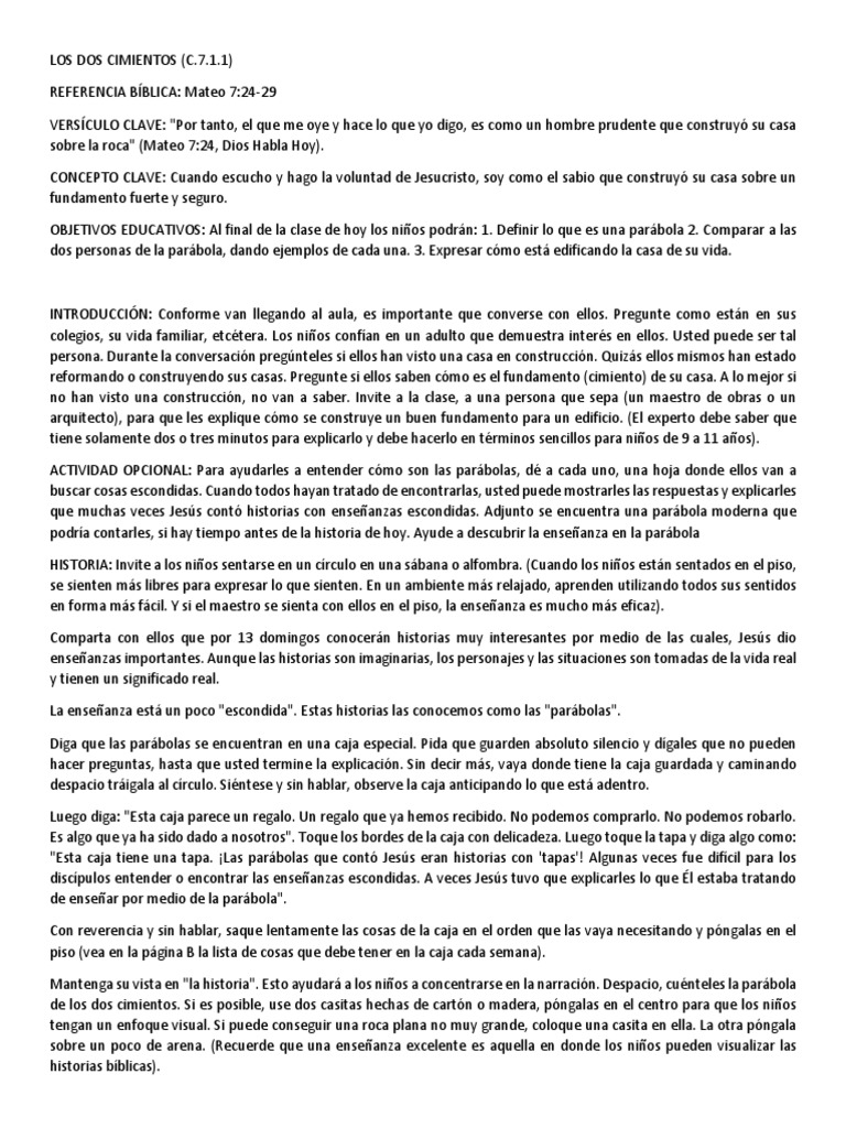 Parábola de los Dos Cimientos para Niños | PDF | Parábolas de Jesús ...