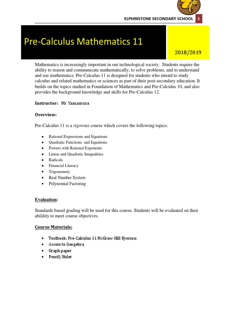 Pmath11-Course Outline 2018 | PDF | Precalculus | Quadratic Equation