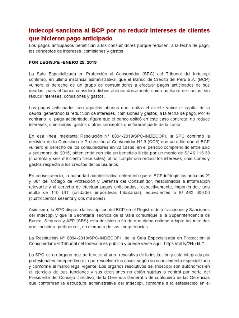 Indecopi Sanciona Al BCP Por No Reducir Intereses de Clientes Que ...