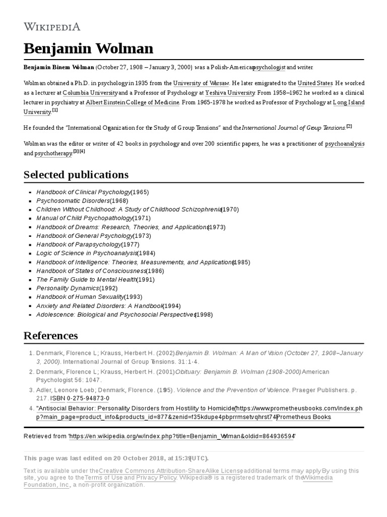 Benjamin Wolman | PDF | Mental Disorder | Psychology