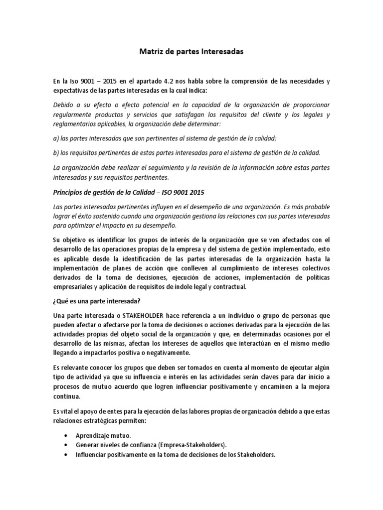 Matriz de Partes Interesadas Iso 9001-2015 | Gestión de la calidad ...