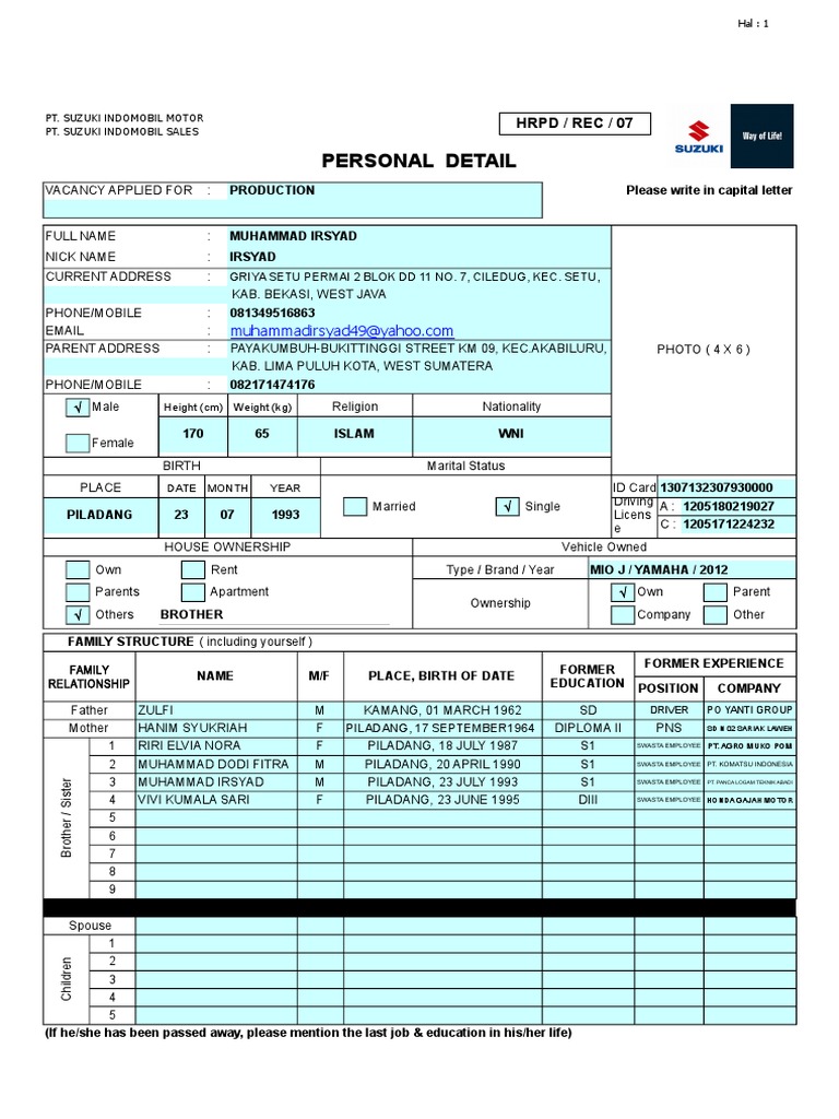 Form - DPP Suzuki - Edit | Download Free PDF | Employment | Business