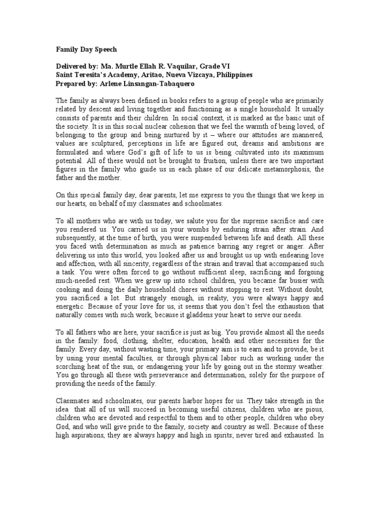 Family Day Speech (Ellah R. Vaquilar Arlene Linsangan-Tabaquero) | PDF ...