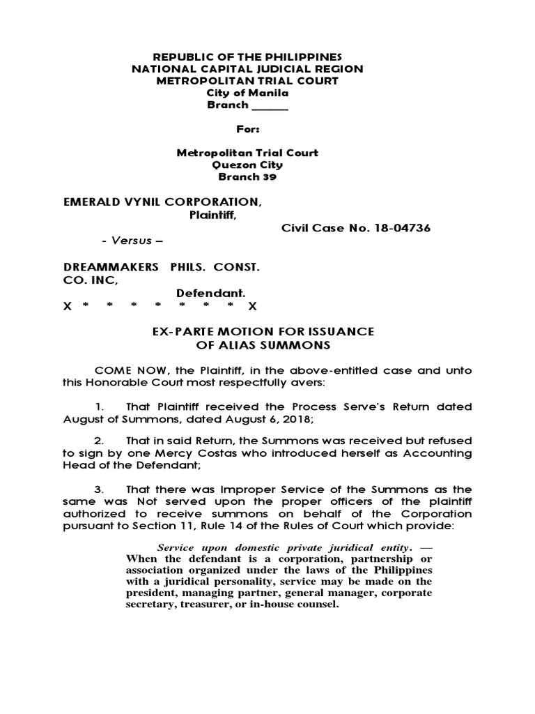 Ex-Parte Motion For Issuance of Alias Summons: Service Upon Domestic ...