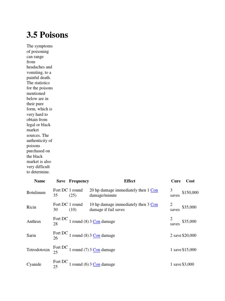 3.5 Poisons: Name Save Frequency Effect Cure Cost | PDF | Drugs ...