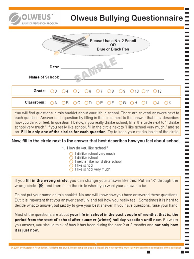 Sample: Olweus Bullying Questionnaire | PDF | Bullying