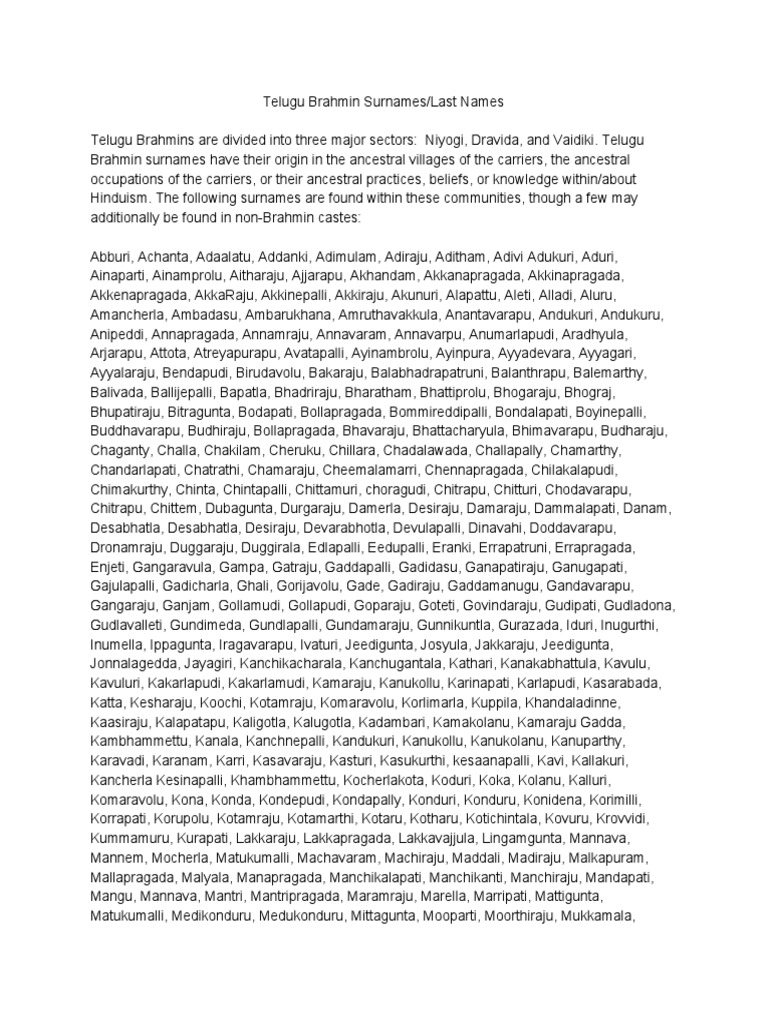 Telugu Brahmin Surnames - Last Names | PDF | Social Groups Of India ...