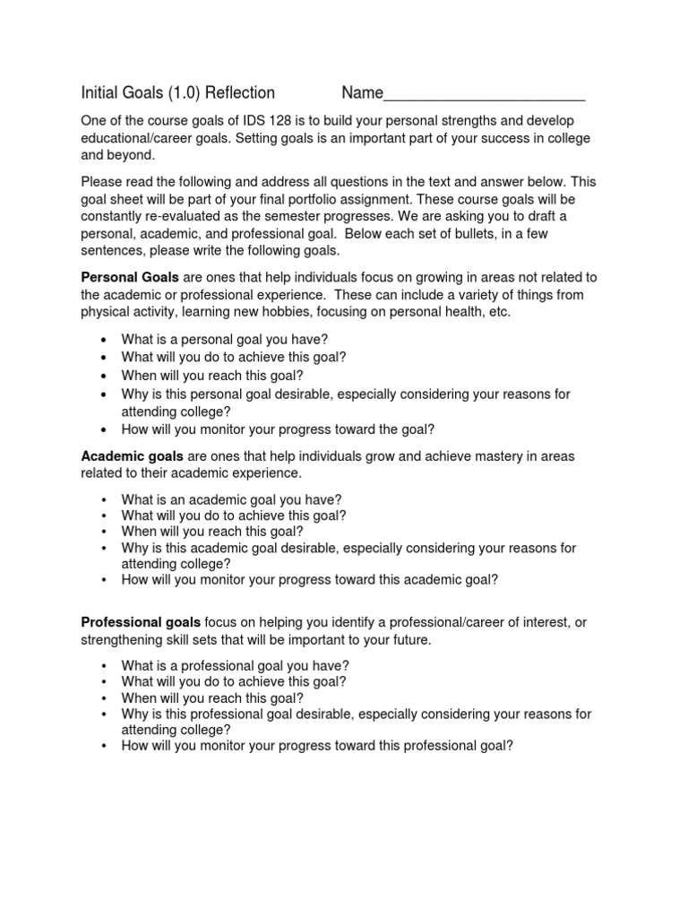 Initial Goals (1.0) Reflection Name | PDF